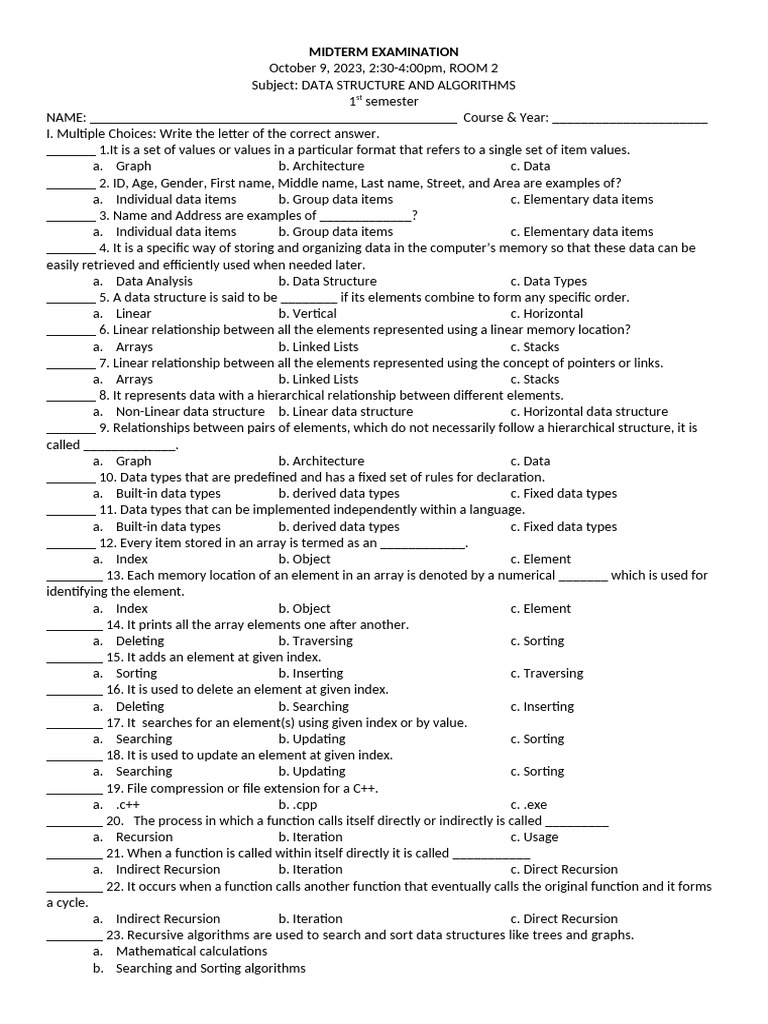 data structure and algorithm prelim exam | PDF | Data Structure | Time ...