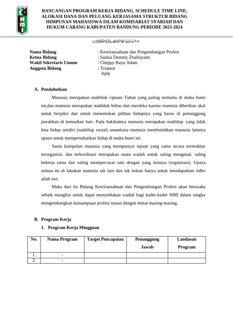 Rancangan Program Kerja KPP HMI 2023-2024 | PDF
