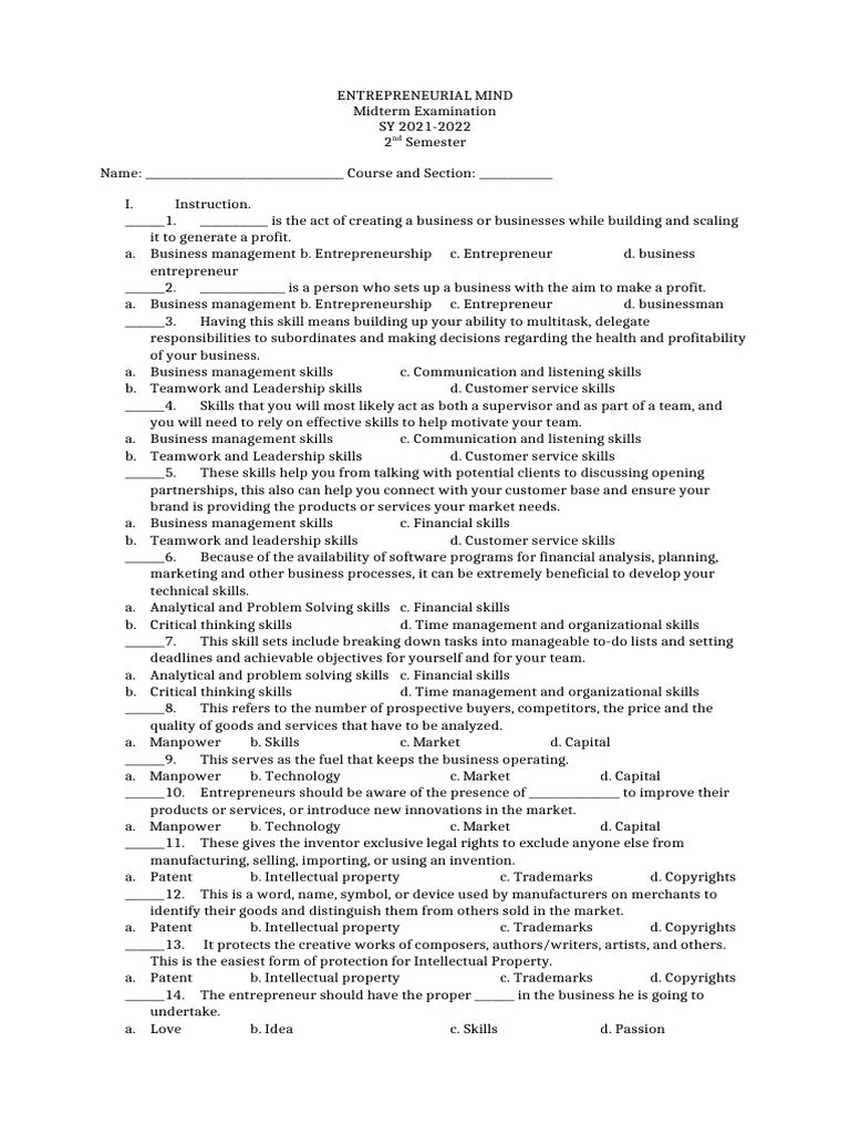 Entrep Mind Midterm Exam | PDF | Entrepreneurship | Intellectual Property