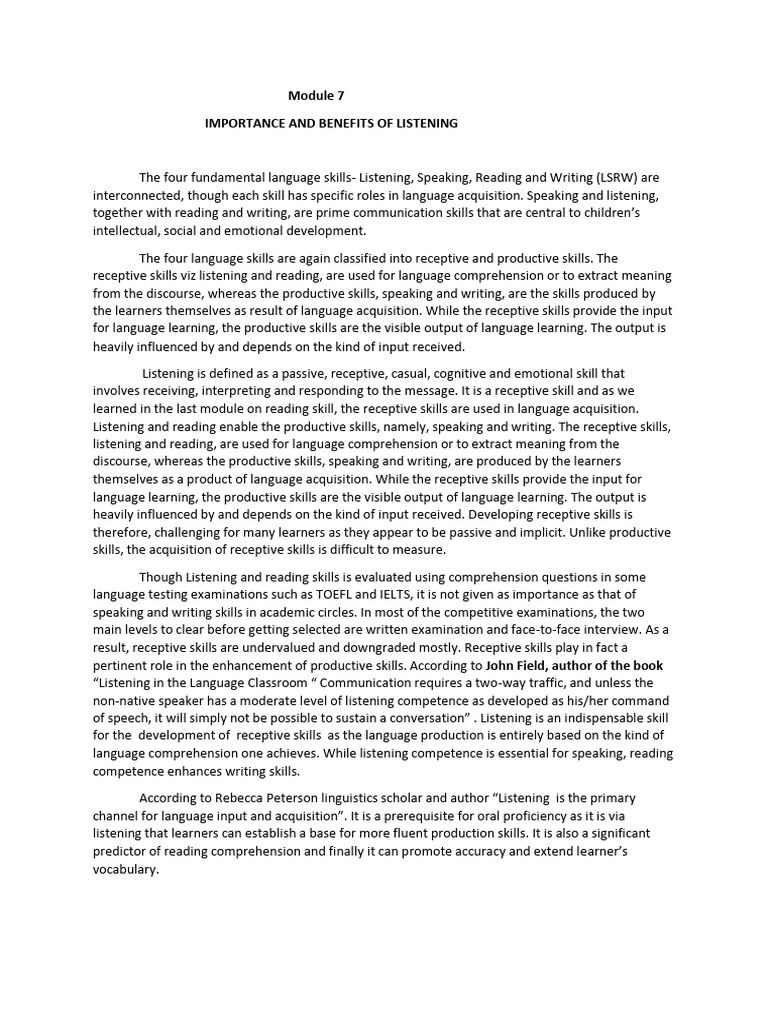 MODULE 7 IMPORTANCE AND BENEFITS OF LISTENING Script | PDF | Language Acquisition | Cognitive ...