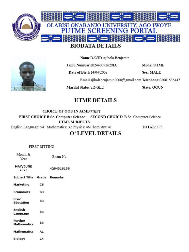 David Ajibola Benjamin's Biodata & UTME Info | PDF