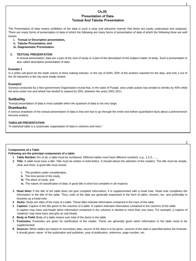 Ch.05 Presentation of Data Textual And Tabular Presentation | PDF