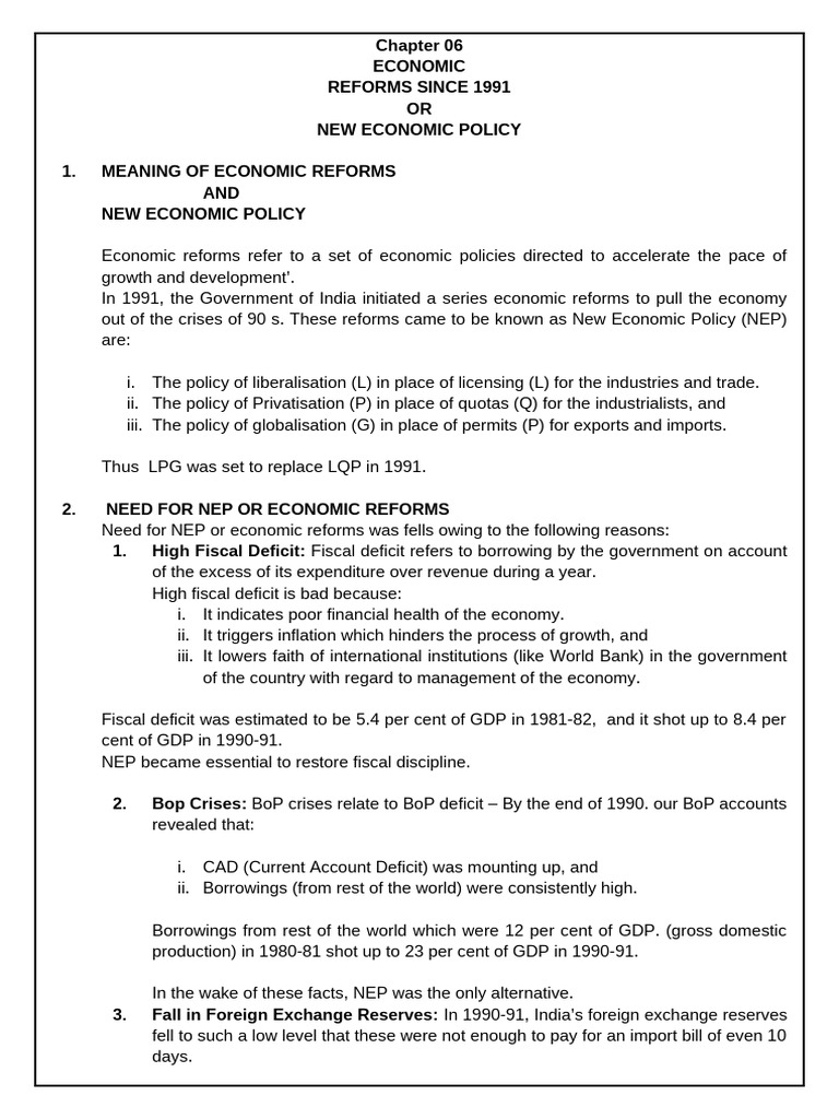 Ch.06 (Ind. Eco.) Econmic Reforms Since 1991 OR New Economic Policy ...