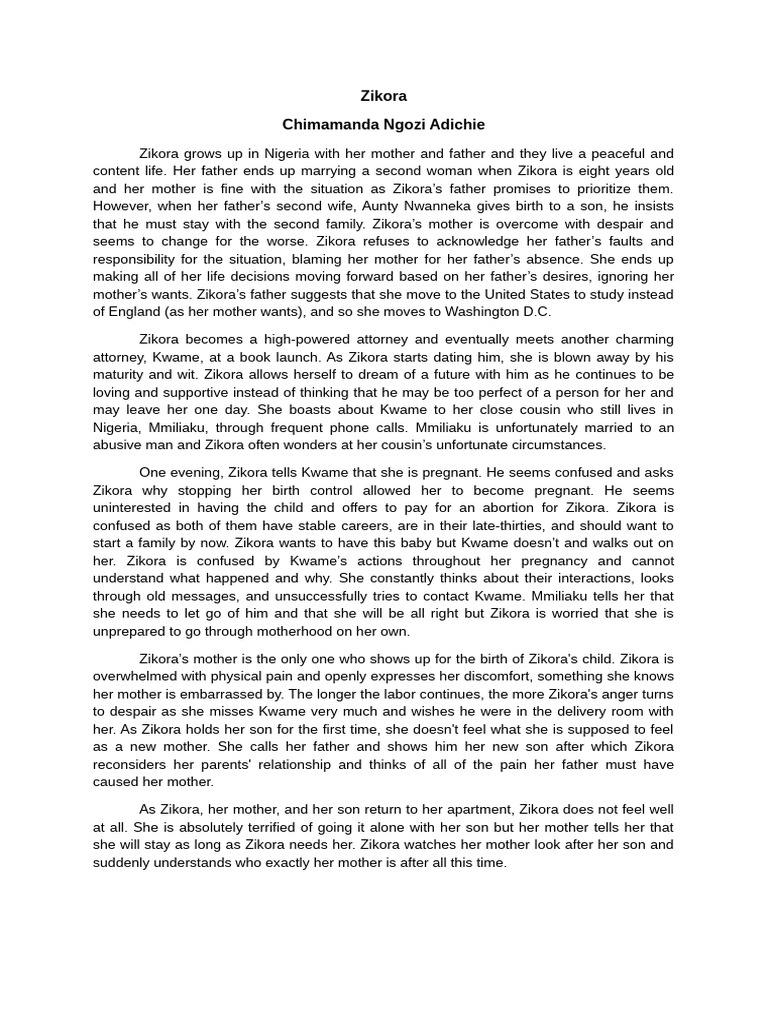 Zikora Short Story by Chimamanda Ngozi Adichie ANGELINE | PDF | Mother