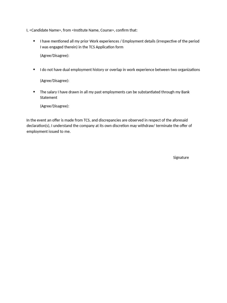 TCS Employment Declaration Form | PDF