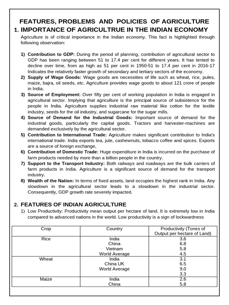 Ch.03 (Ind. Eco.) Features, Problems and Policies of Agriculture | PDF | Agriculture | Green ...