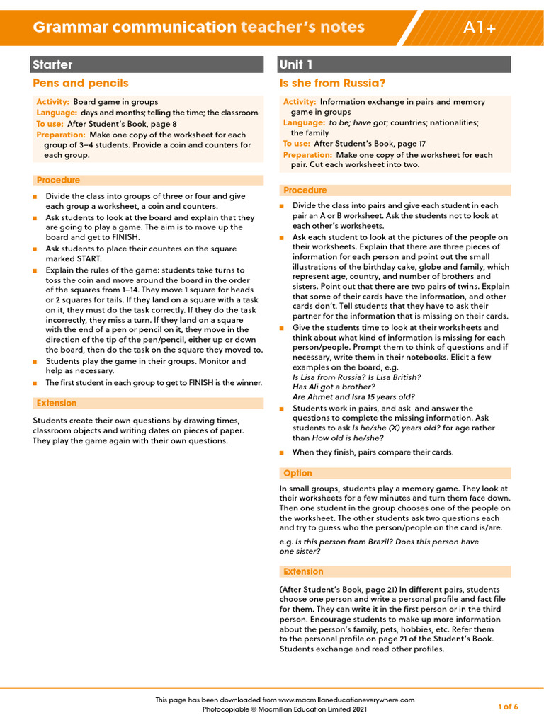 A1PLUS - Grammar - Communication - Teachers Notes | PDF | Noun | Plural