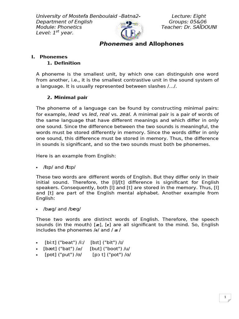 Phonemes and Allophones Explained | PDF | Phoneme | Consonant