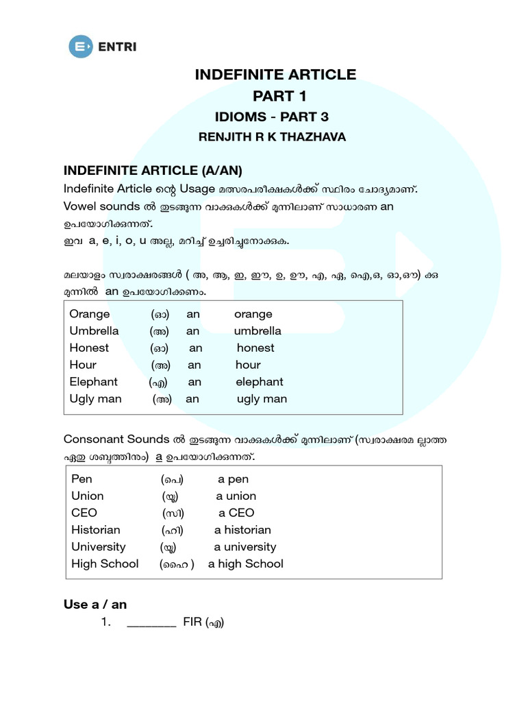 Indefinite Article Usage Guide | PDF | Linguistics | Languages