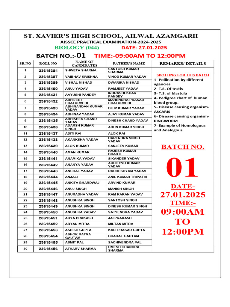 Biology Practical Batch Wise List 2025 | PDF