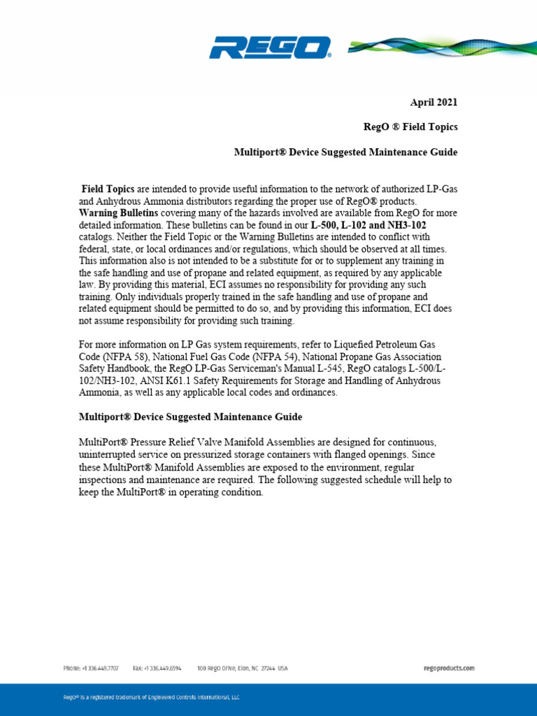 Field Topic 2021-04 Multiport Pressure Relief Valve Manifold Assemblies ...
