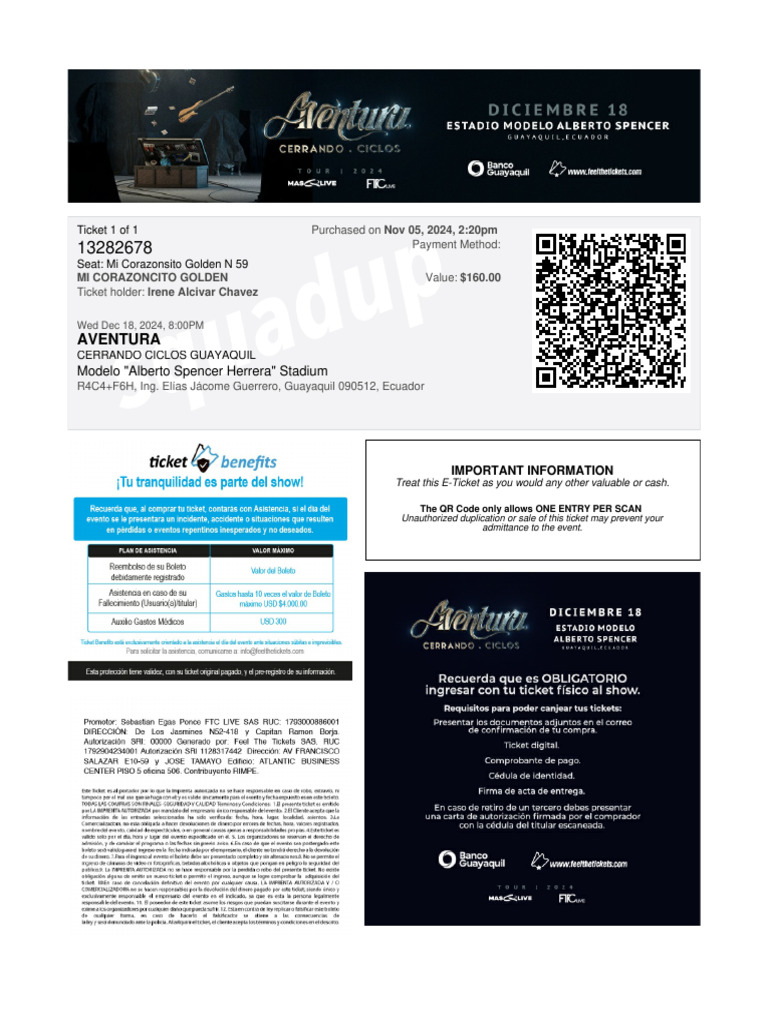 Aventura Concert E-Ticket Details | PDF