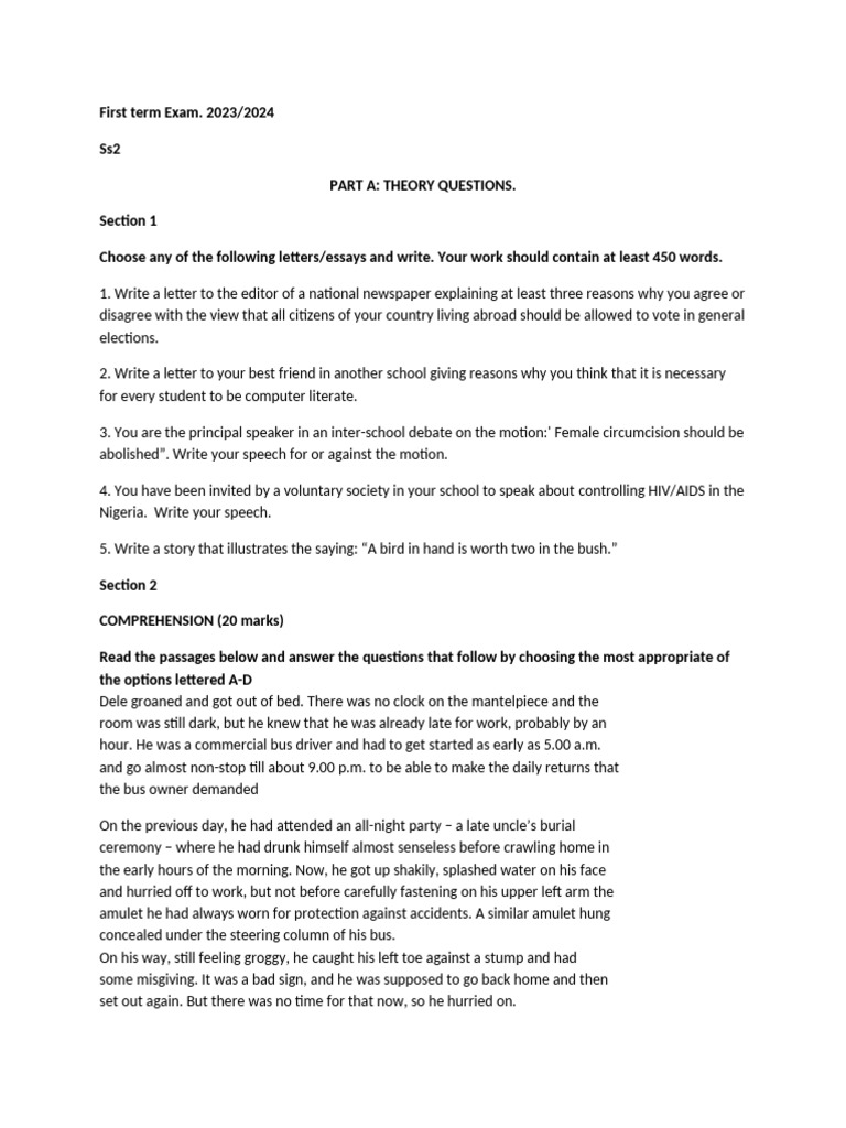 SS2 First Term Exam 2023/2024 Guide | PDF | Verb | Subject (Grammar)