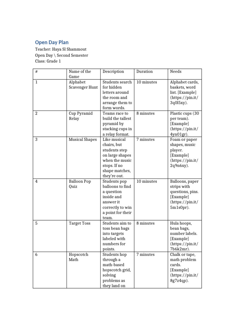 Grade 1 Open Day Plan With Links | PDF