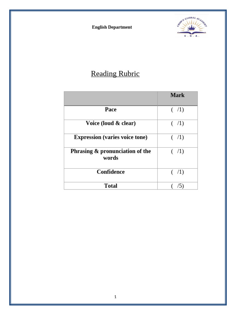 English Reading Assessment Rubric Pdf