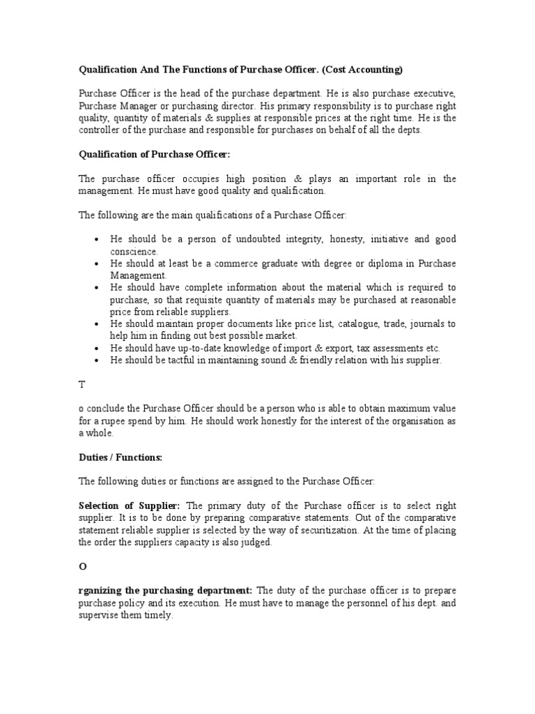 Purchase Officer Roles and Qualifications | PDF | Expense | Economics