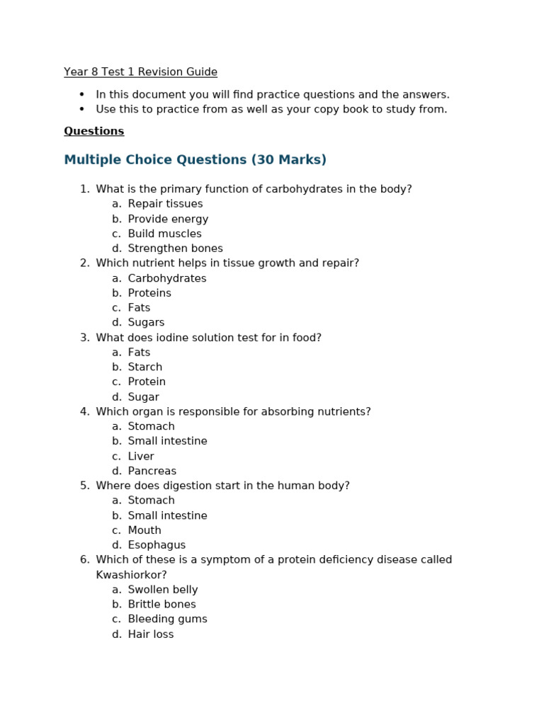 Year 8 Test 1 Revision Guide | PDF | Digestion | Gastrointestinal Tract