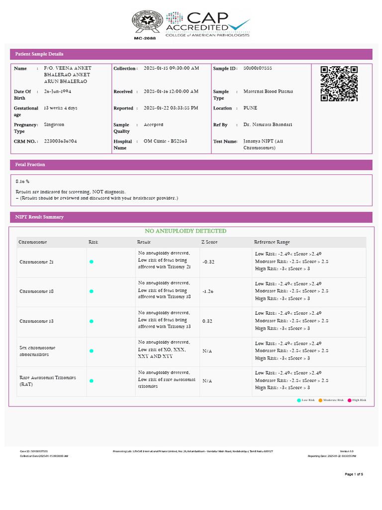 NIPT Results: No Aneuploidy Detected | PDF | Genetics | Medical Specialties