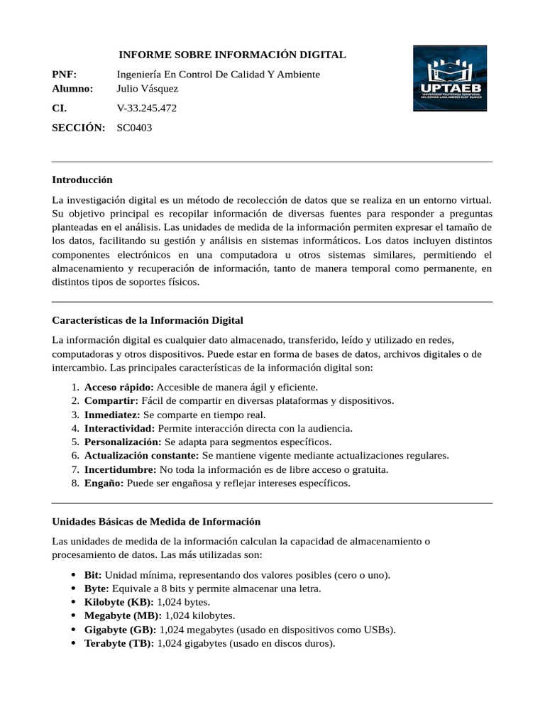 Informe Digital Julio Vasquez | PDF | Información | Datos