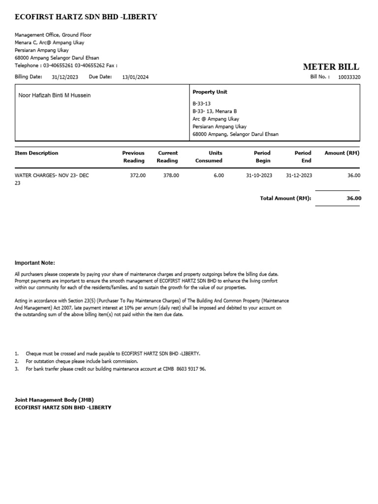 Water Charges Bill for Nov-Dec 2023 | PDF | Personal Finance | Payments