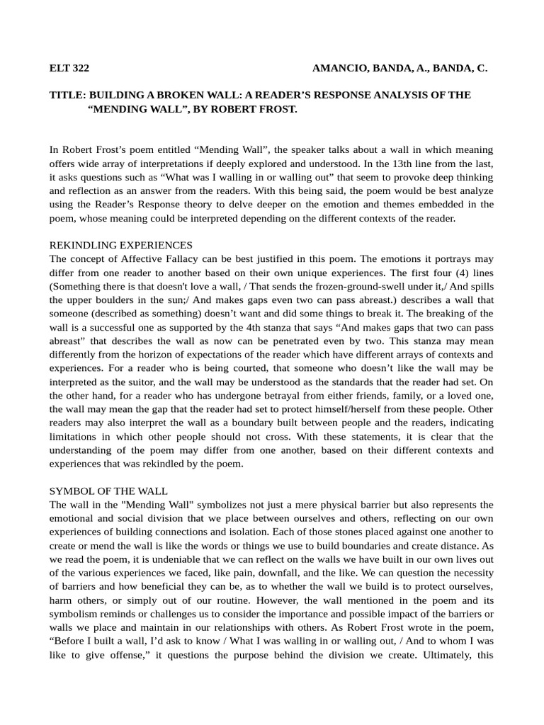 Poem Analysis of The Mending Wall | PDF | Emotions | Psychology