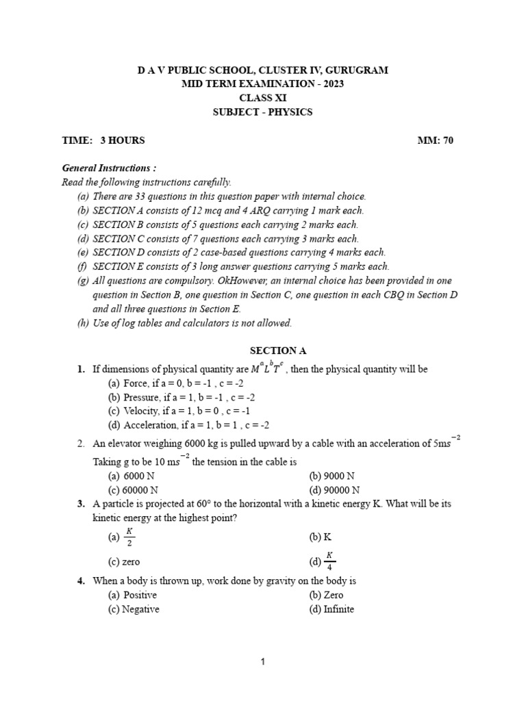 Physics Mid Term Class Xi 2023 | PDF | Collision | Rotation Around A Fixed Axis