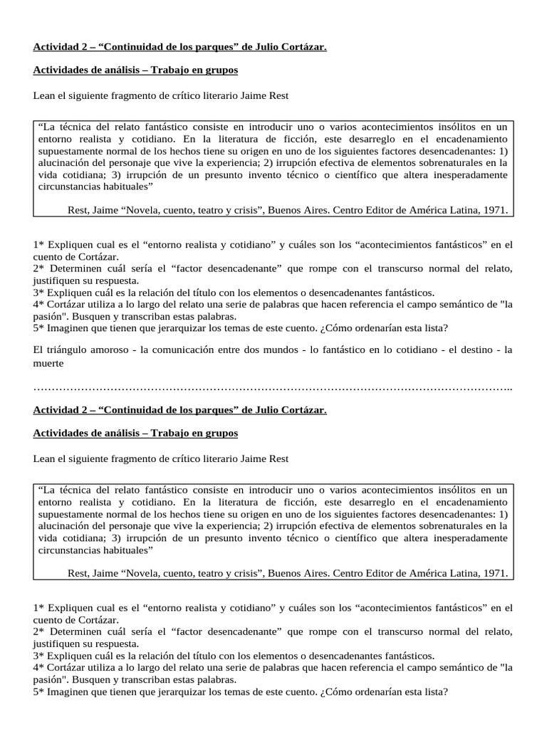 Actividad 2 Continuidad de Los Parques - Julio Cortázar. | PDF ...