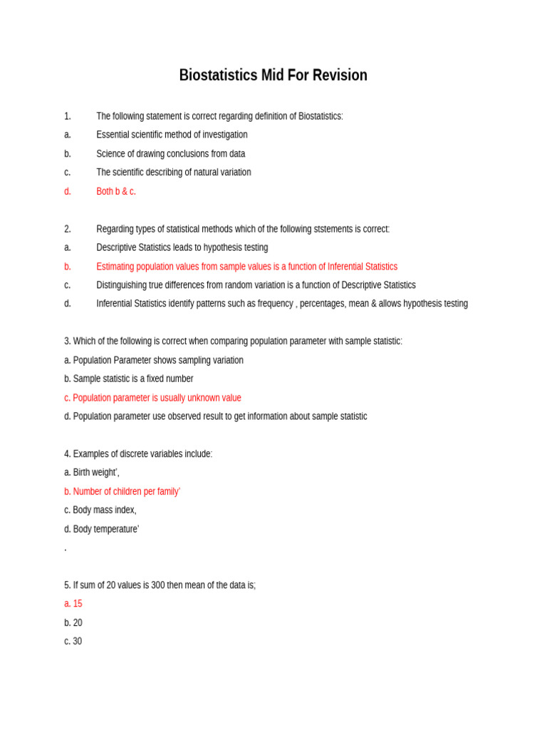 Biostatistics Exam Prep Guide | PDF | Statistics | Mean