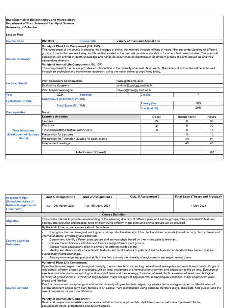 BM 1003 - Lesson Plans - 2024 | PDF | Evolution | Plants
