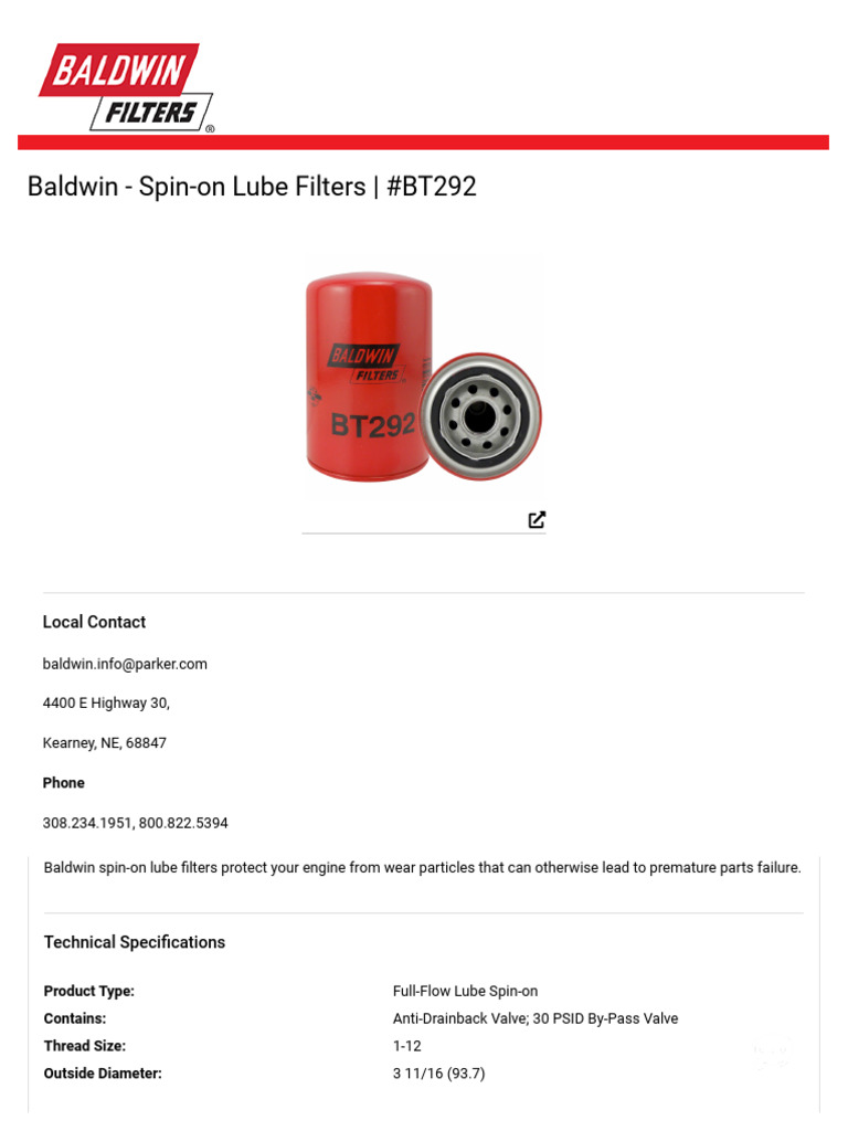 Baldwin Spin-on Lube Filter BT292 | PDF | Mechanical Engineering