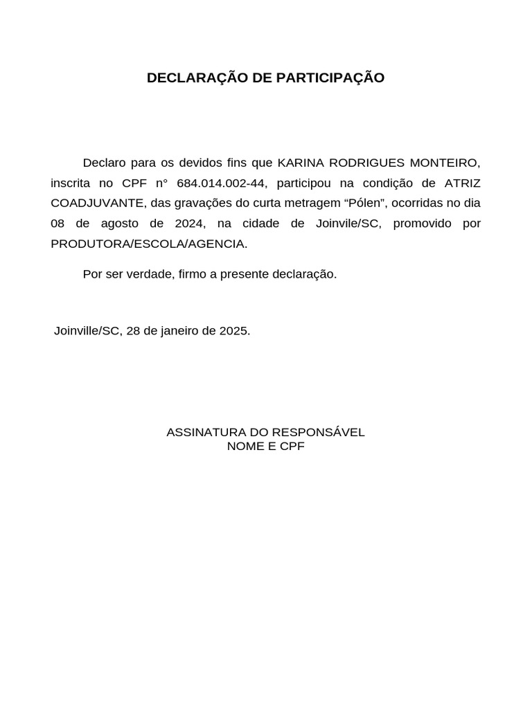 Declaração de Participação de Atriz | PDF