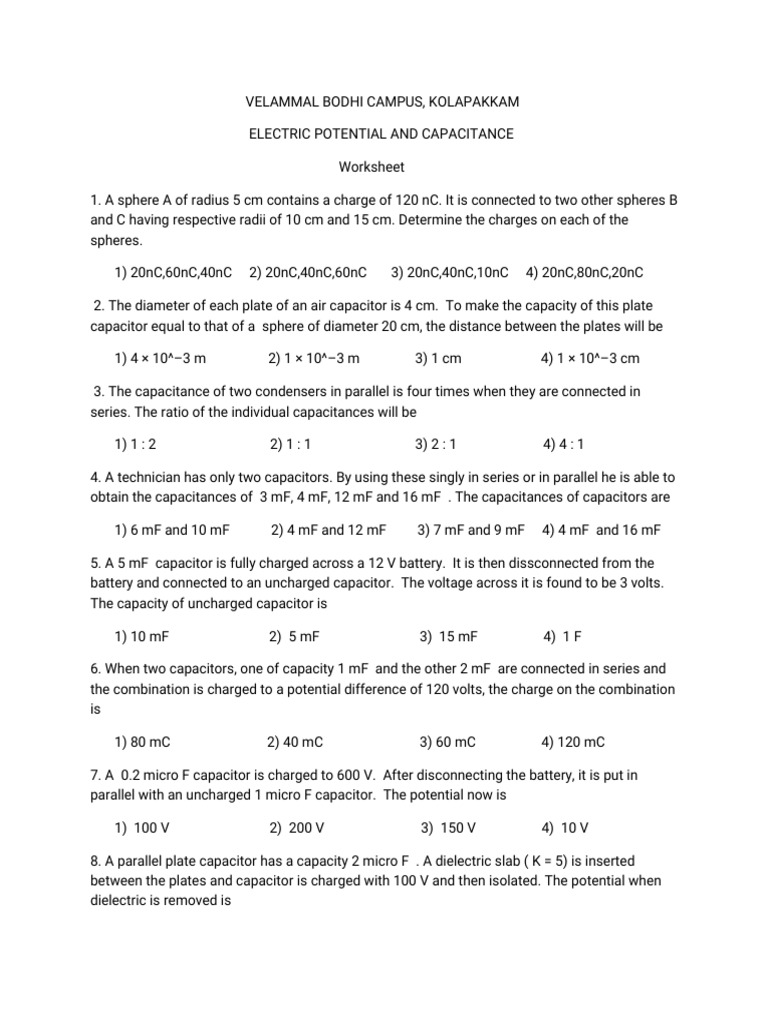 Electric Potential And Capacitance Pdf Capacitor Capacitance
