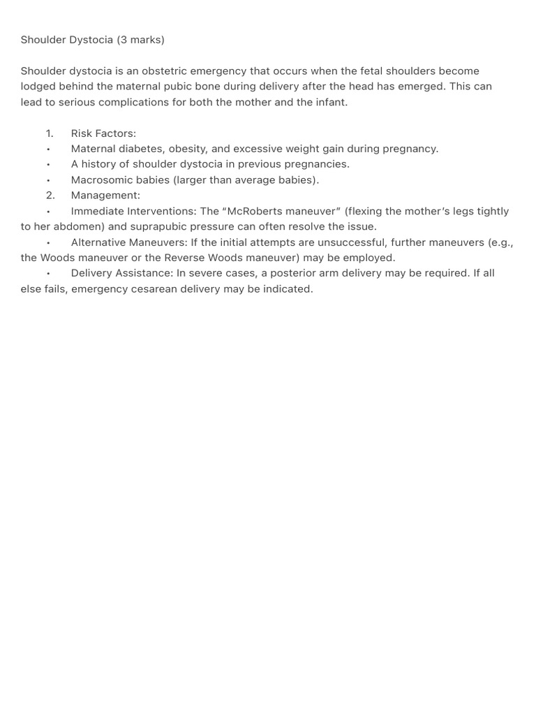 Shoulder Dystocia (3 Marks) | PDF