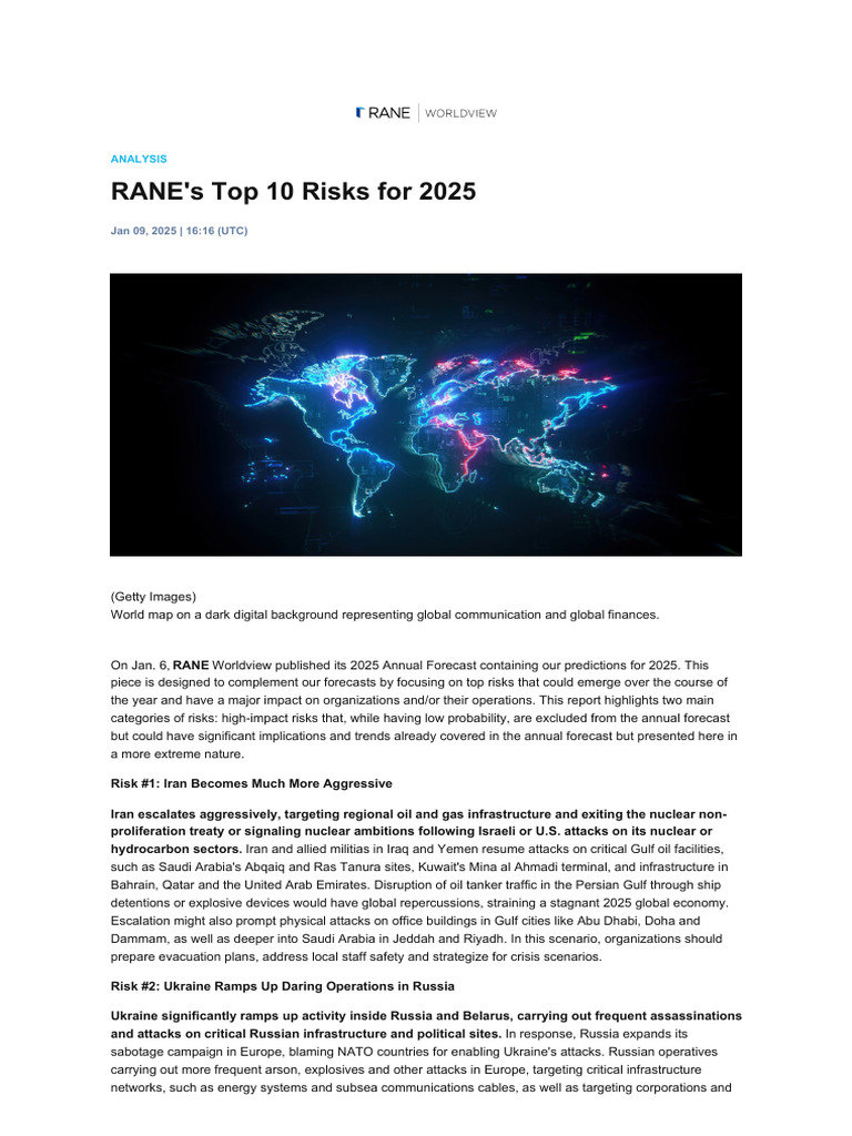 2025 - Ten Top Risks 2025 - RANE | PDF | Recession | Persian Gulf