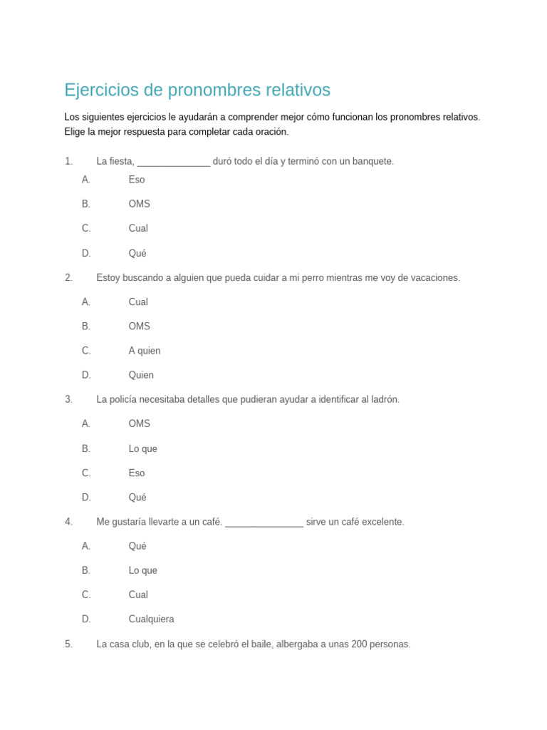 Ejercicios sobre pronombres relativos | PDF