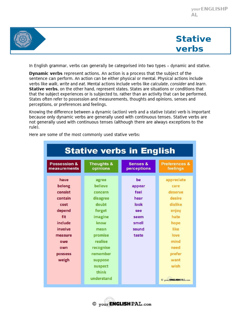 Your English Pal Grammar Explanation Stative Verbs v253 | PDF | Verb ...