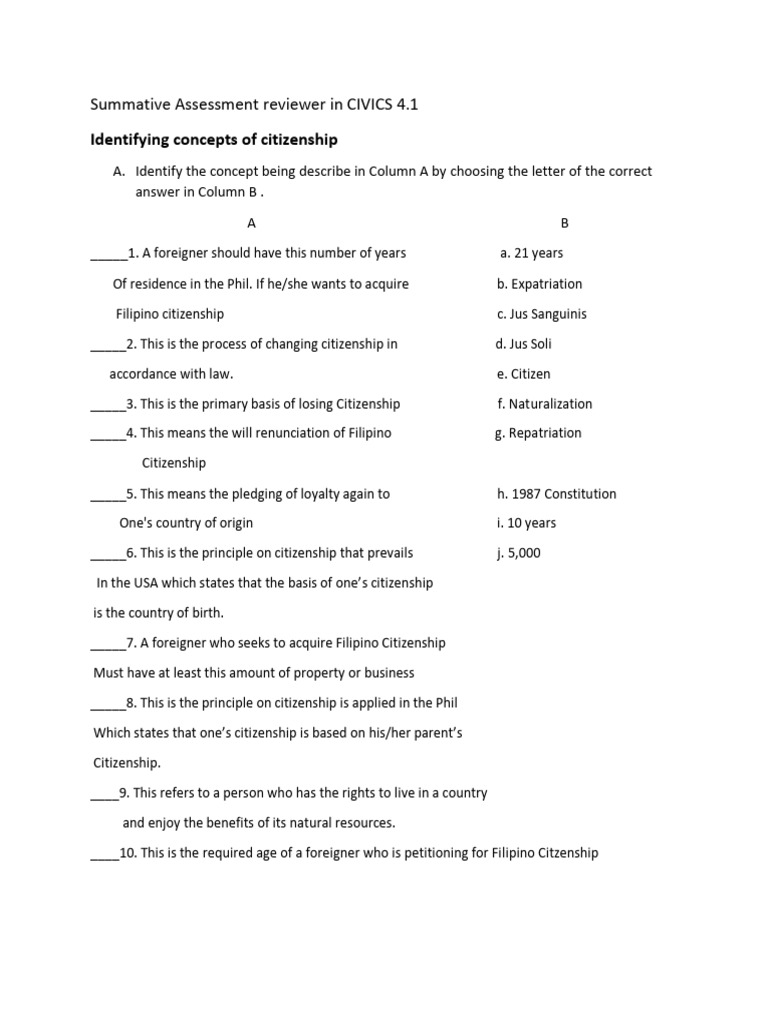 Civics 4.1 Reviewer Part1 | PDF | Citizenship | Naturalization