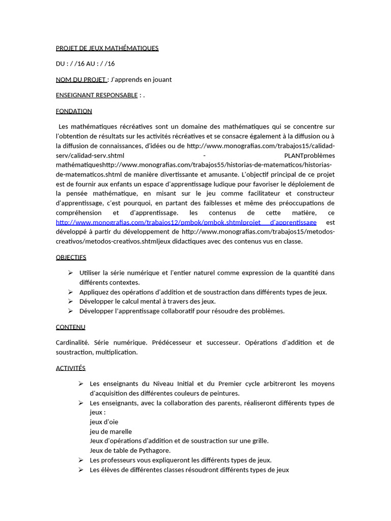 PROJET DE JEUX MATHEMATIQUES | PDF | Mathématiques | Apprentissage