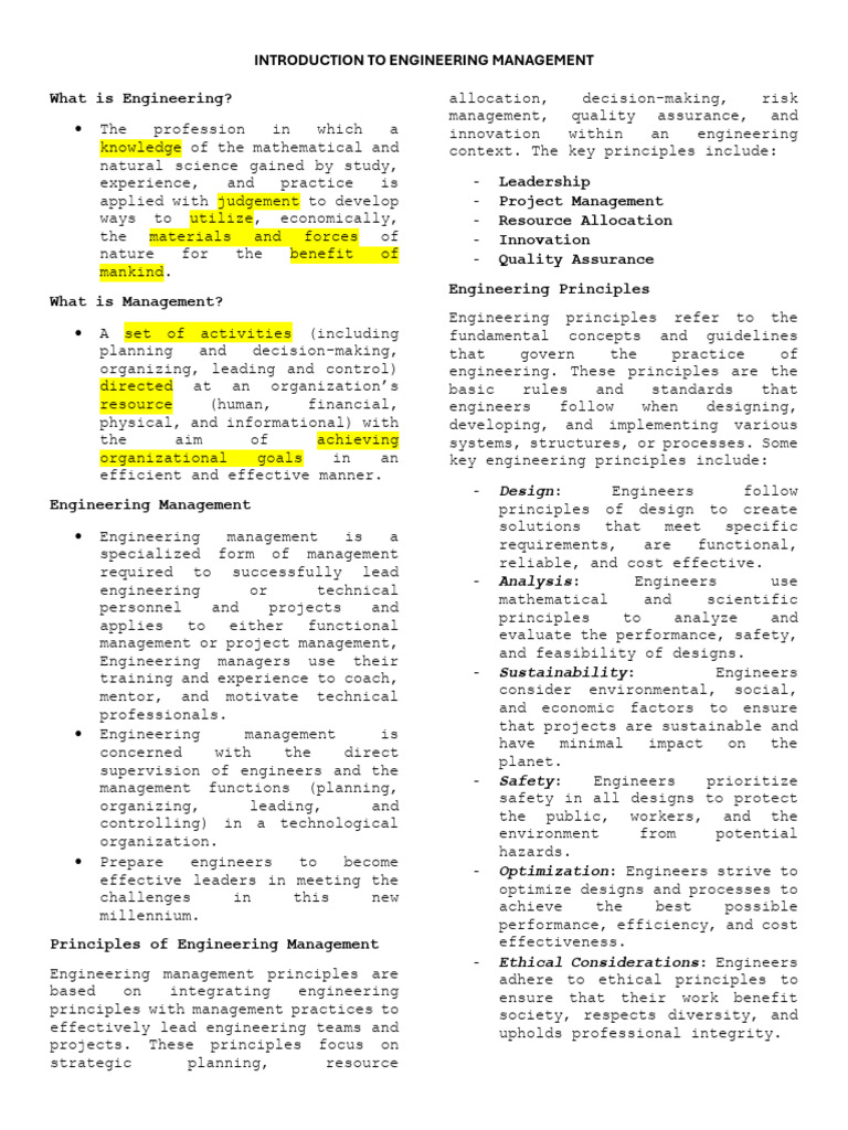 Introduction To Engineering Management | PDF | Engineering | Project ...