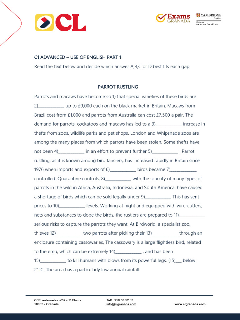 C1 ADVANCED READING & UOE PART 1 - PARROTS RUSTLING | PDF | Parrot | Birds