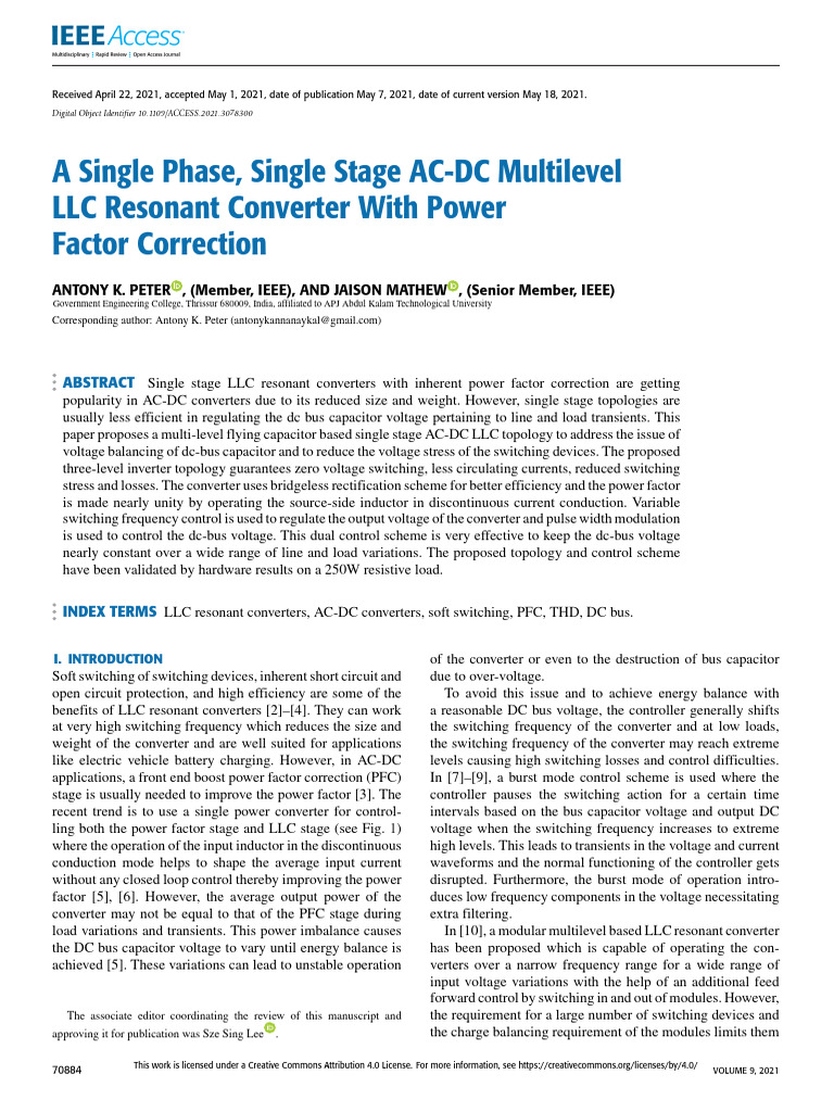7) A Single Phase Single Stage AC-DC Multilevel LLC Resonant Converter With Power Factor ...