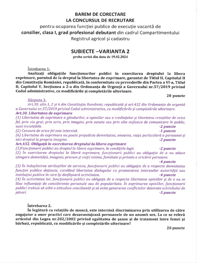 BAREM CORECTARE VARIANTA 2 Pentru Registrul Agricol Si Cadastru | PDF