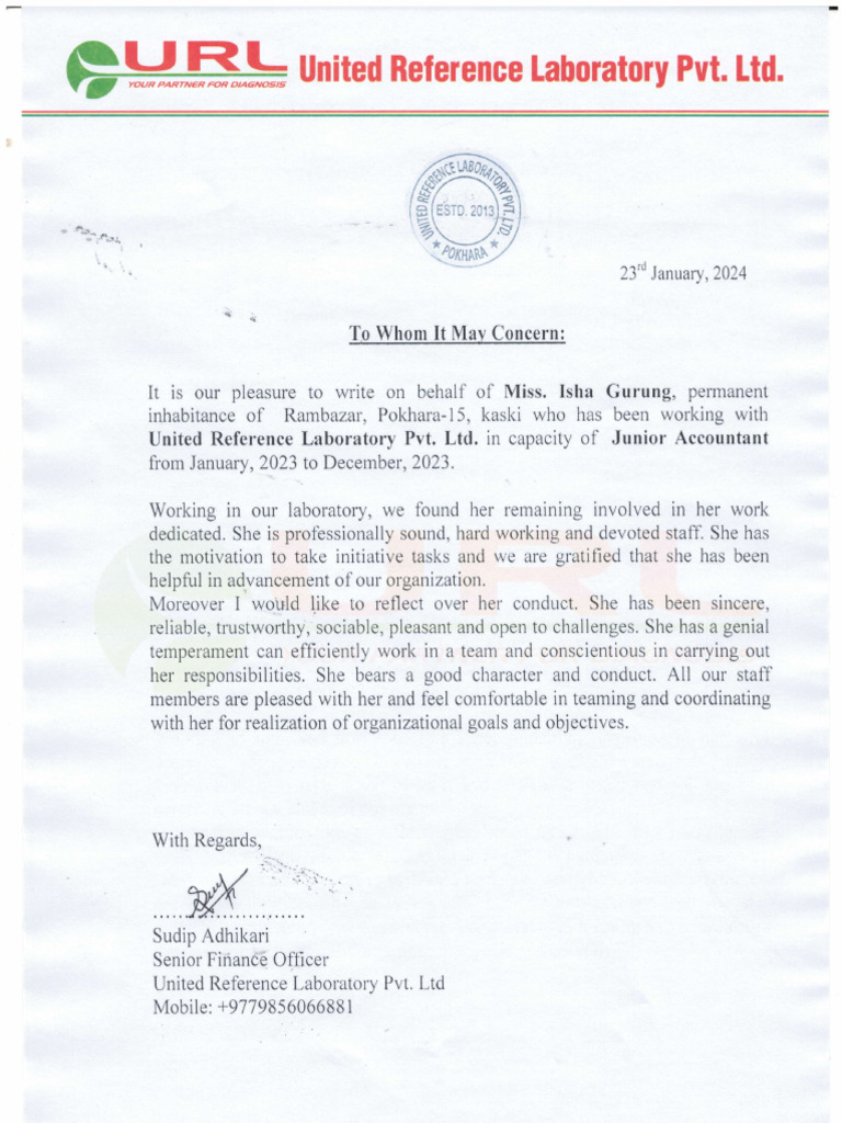 Reference Letter for Isha Gurung | PDF