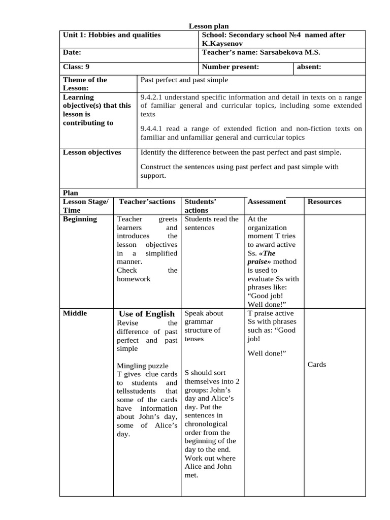 Past Simple and Past Perfect | PDF | Lesson Plan | Pedagogy