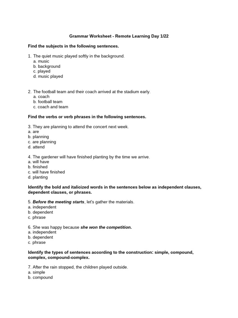 Grammar Worksheet - Remote Learning Day 1 - 22-1 | PDF