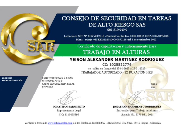 Certificación de Trabajo en Alturas | PDF