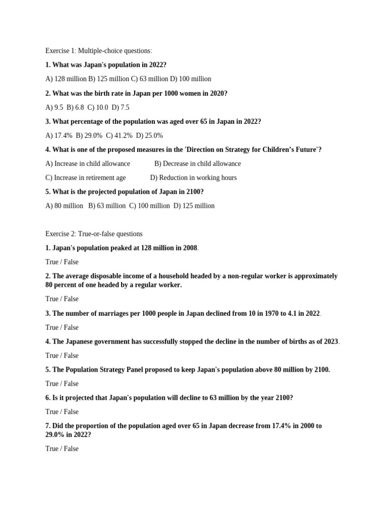 Japan Population Questions | PDF