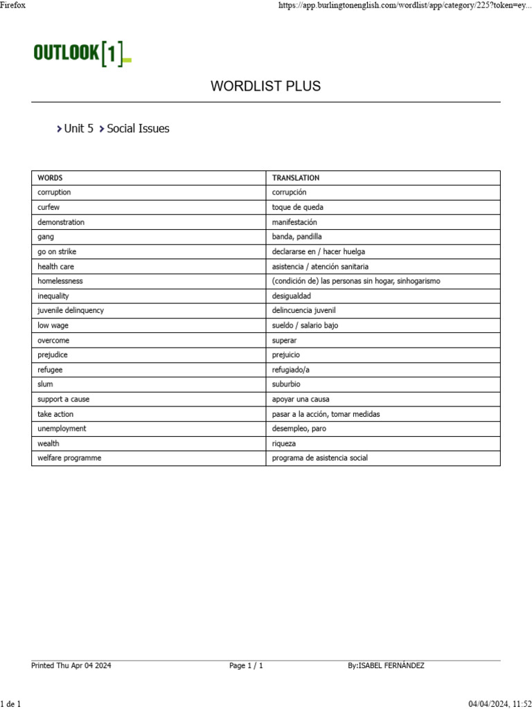 Wordlist Plus: Unit 5 Social Issues | PDF