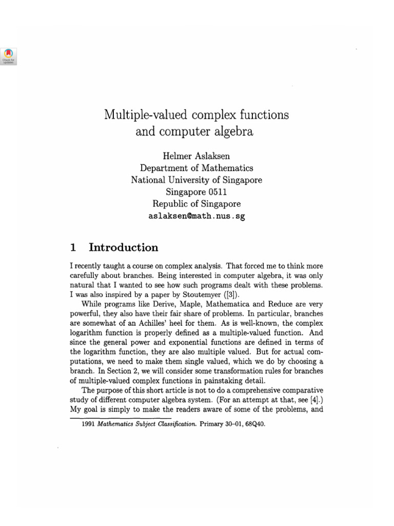 Aslaksen-Multiple-Valued Complex Functions and Computer Algebre | PDF | Function (Mathematics ...