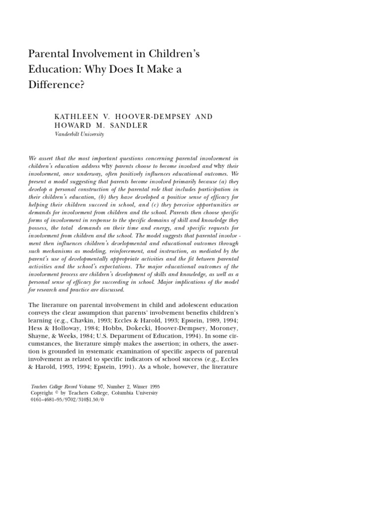 Hoover Dempsey Sandler 1995 Parental Involvement in Children S Education Why Does It Make A ...